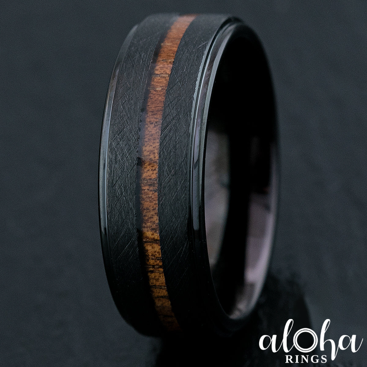 Black Tungsten Carbide Cross Brush Finish Ring with Hawaiian Koa Wood – ALOHA RINGS - Hawaiian ...