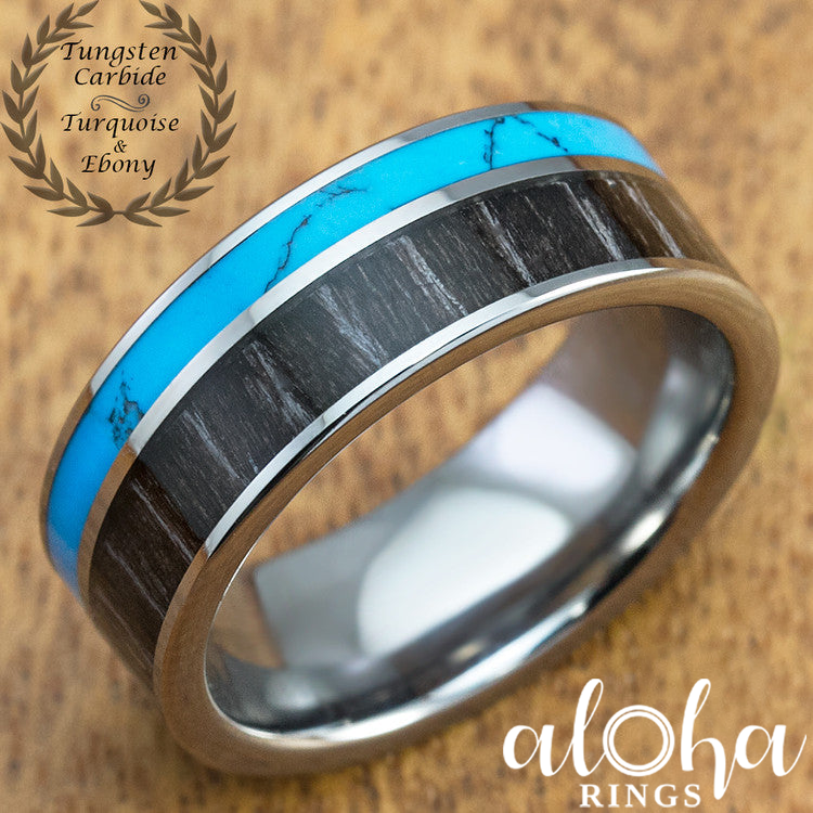 Tungsten Carbide Ring with Ebony Gabon & Aqua Turquoise Inlay - 8mm, F – ALOHA RINGS - Hawaiian ...