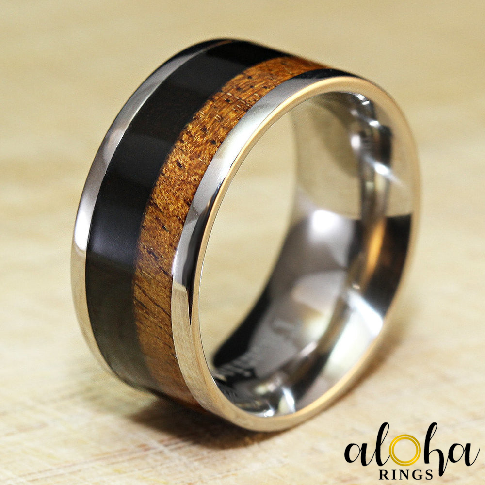 Titanium Ring [8mm width] Koa Wood and Black Ebony Wood Inlay – ALOHA RINGS - Hawaiian Jewelry