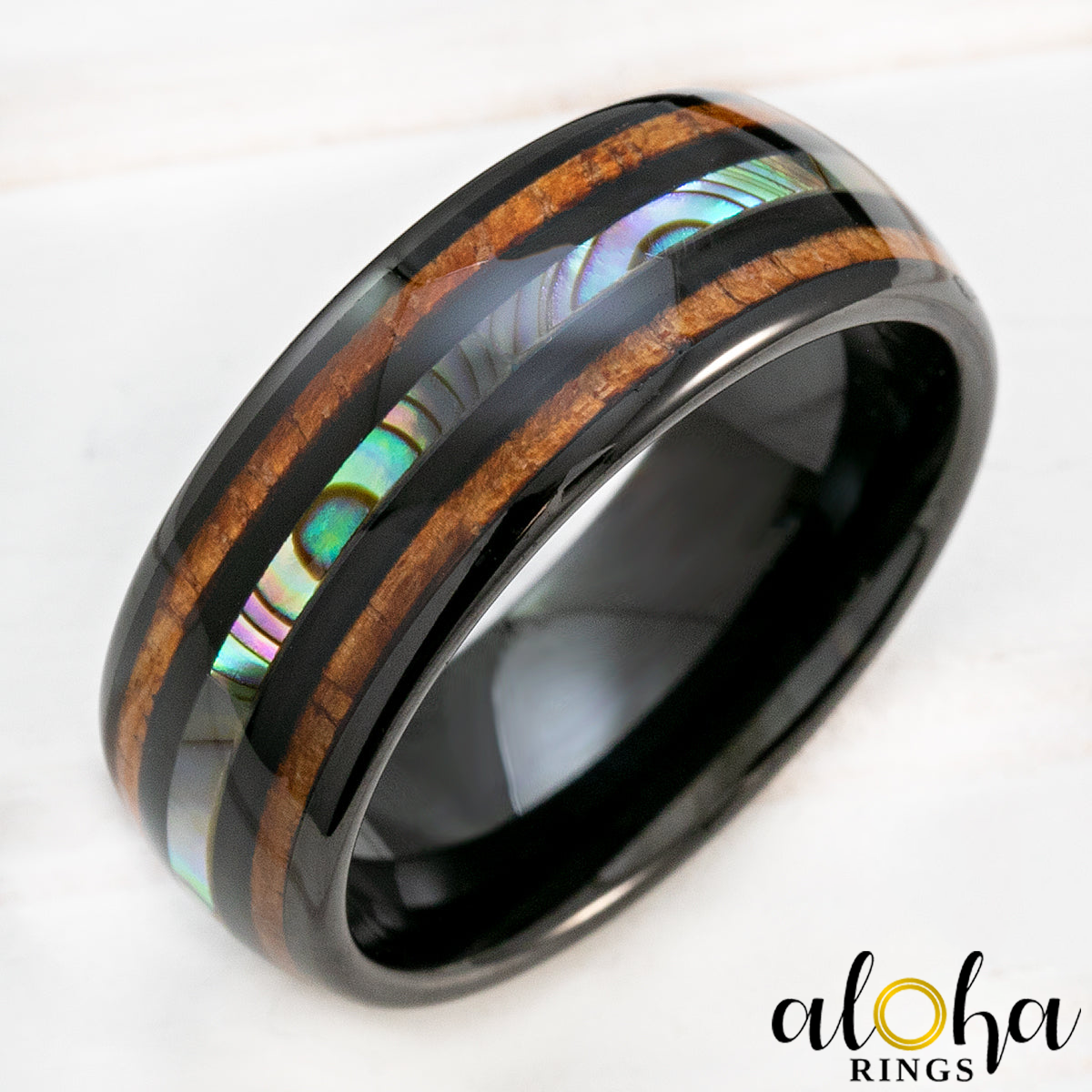 Black Tungsten Ring with Abalone Shell & Hawaiian Koa Wood Tri-Inlay ...