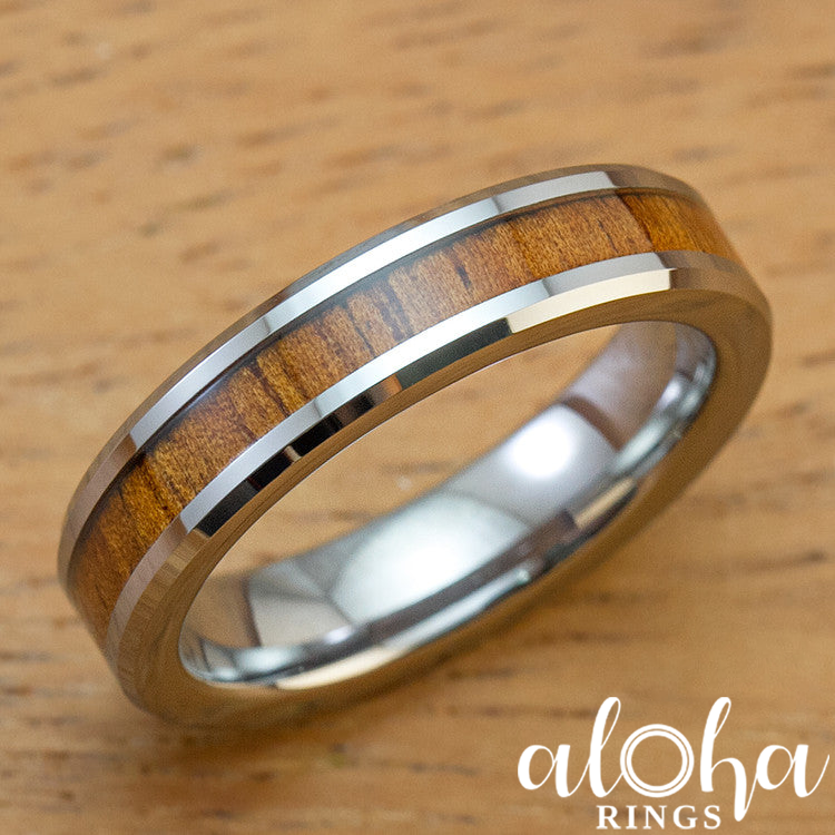 Tungsten Carbide Beveled Edge Ring with Koa Wood Inlay, 5mm, Flat Shap ...